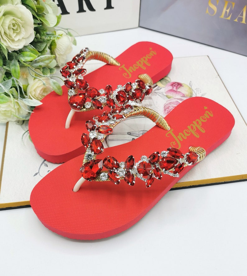 Jeweled Flip Flops Bling Flip Flops Red Sandals for Woman - Etsy