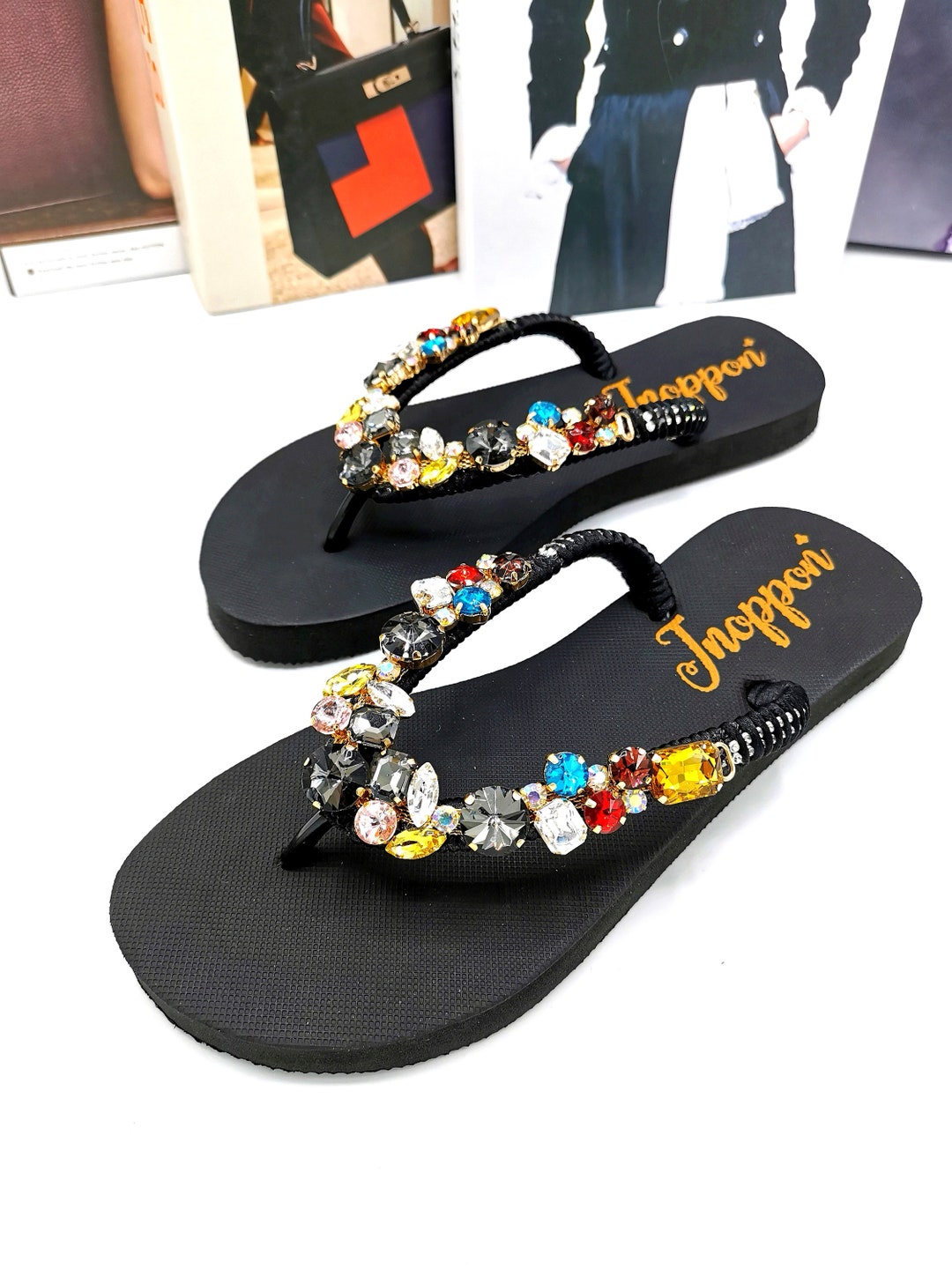 Jeweled Flip Flops Bling Flip Flops Black Sandals for Woman - Etsy