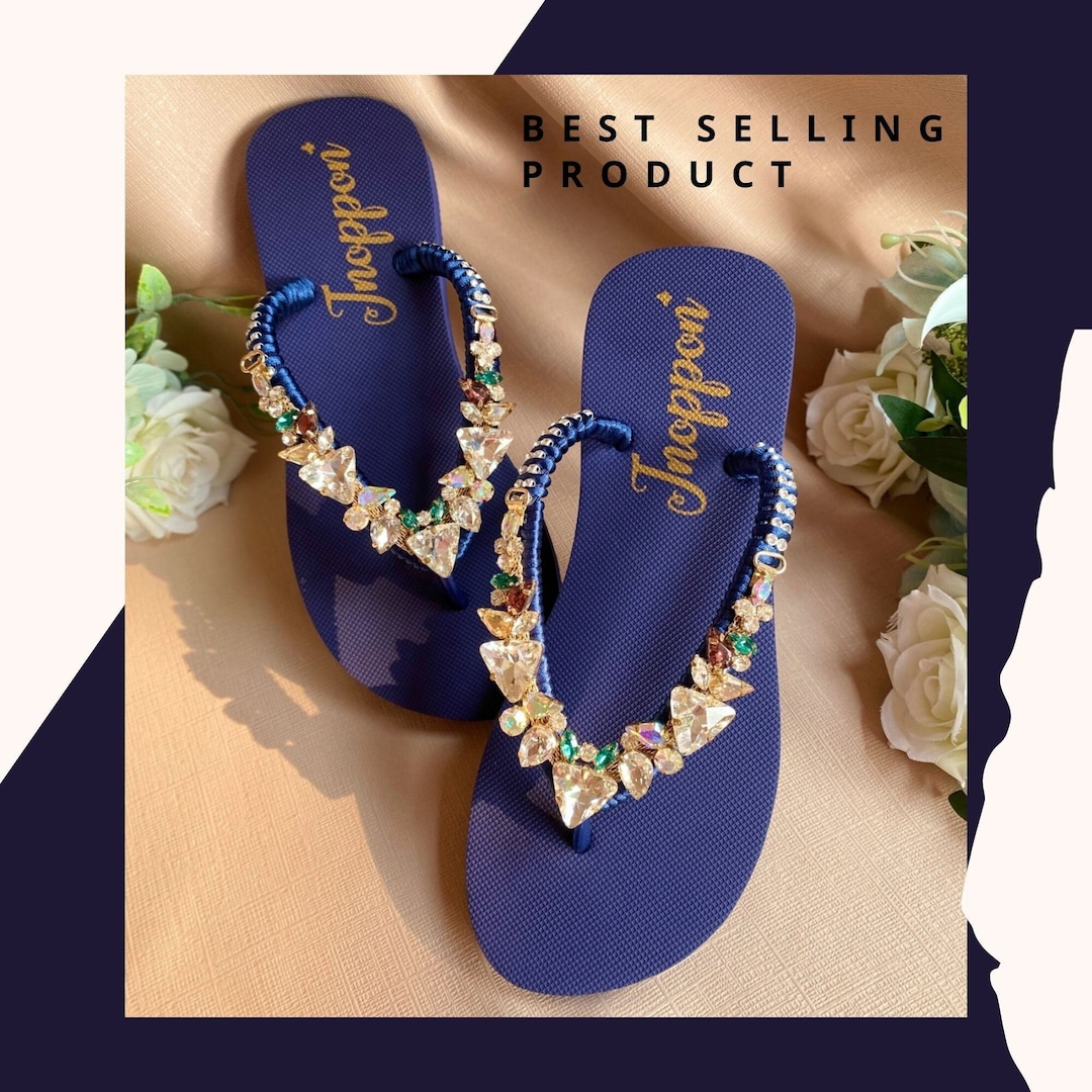 Jewelled White Rhinestone Beach Navy Blue Sandals for Women by Jnoppon ...