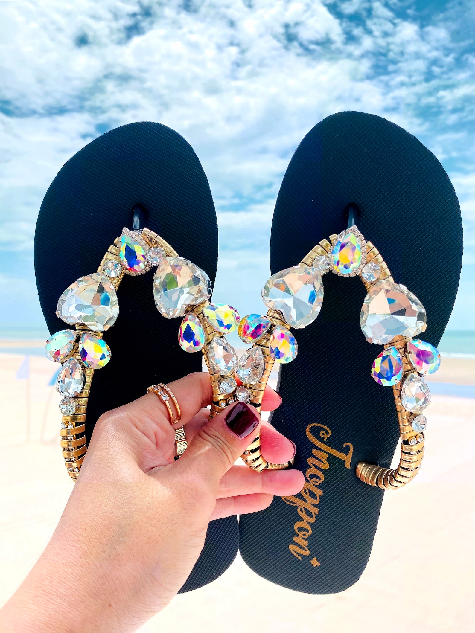 Jeweled Flip Flops, Bling Flip Flops, Black Sandals for Woman, Wedding ...