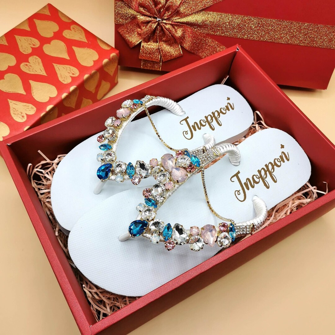Jeweled Flip Flops, Bling Flip Flops, White Sandal, Sandals for Woman ...