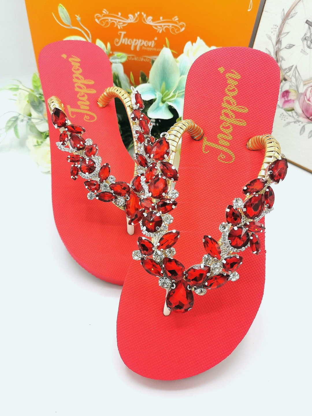 Jeweled Flip Flops, Bling Flip Flops, Red Sandals for Woman, Wedding ...