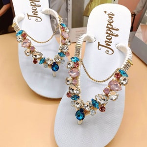 Jeweled Flip Flops, Bling Flip Flops, White Sandal, Sandals for Woman ...