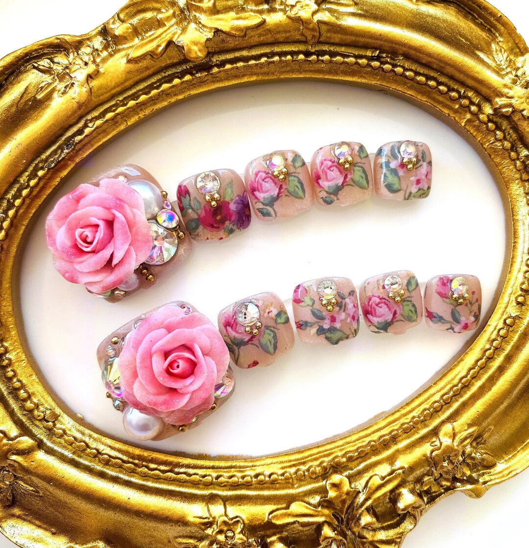 Rose Acrylic Toenails /luxury Rhinestone Press on Toes/ - Etsy
