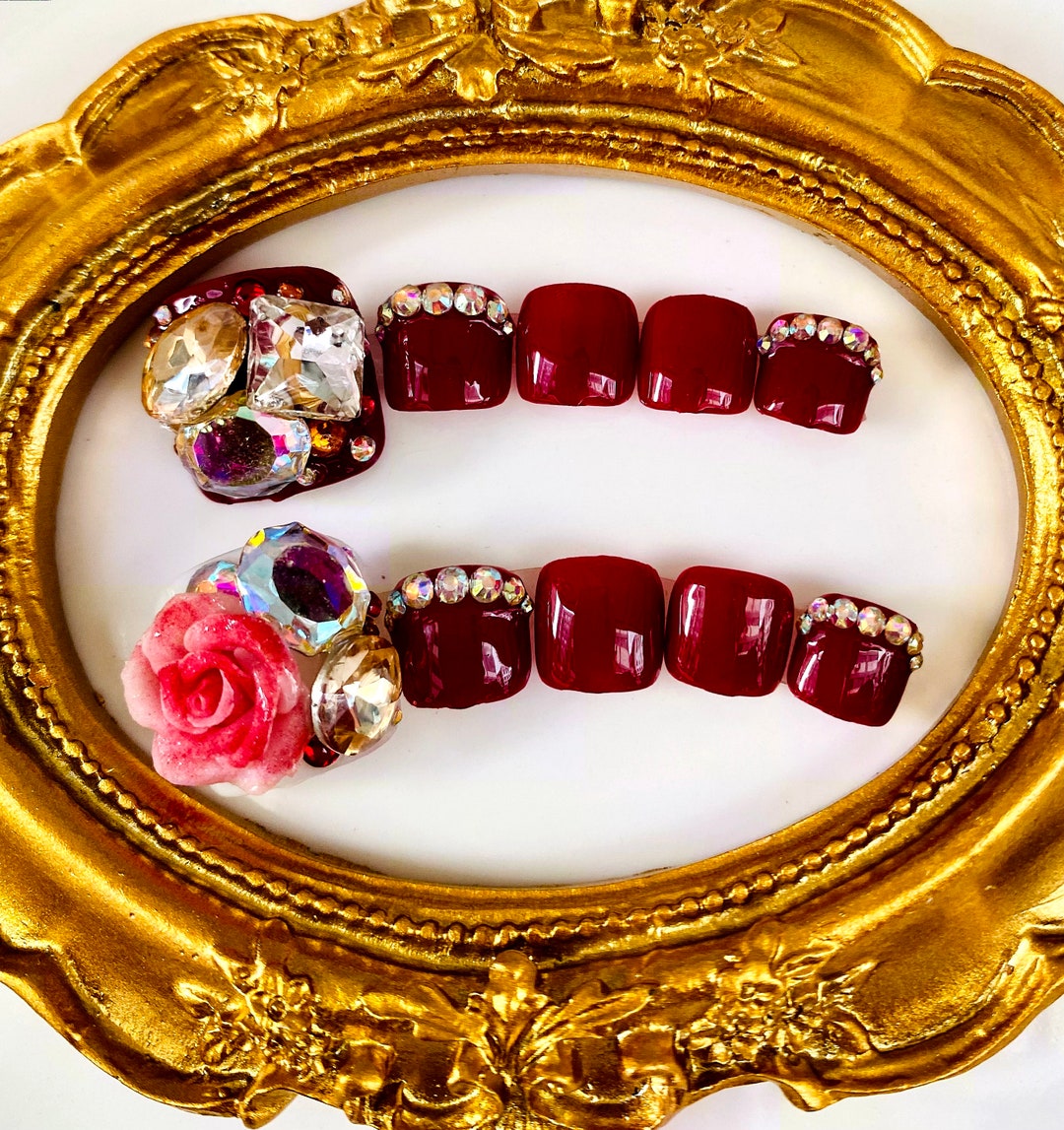 Rose Acrylic Toenails /luxury Rhinestone Press on Toes/ Red Acrylic ...