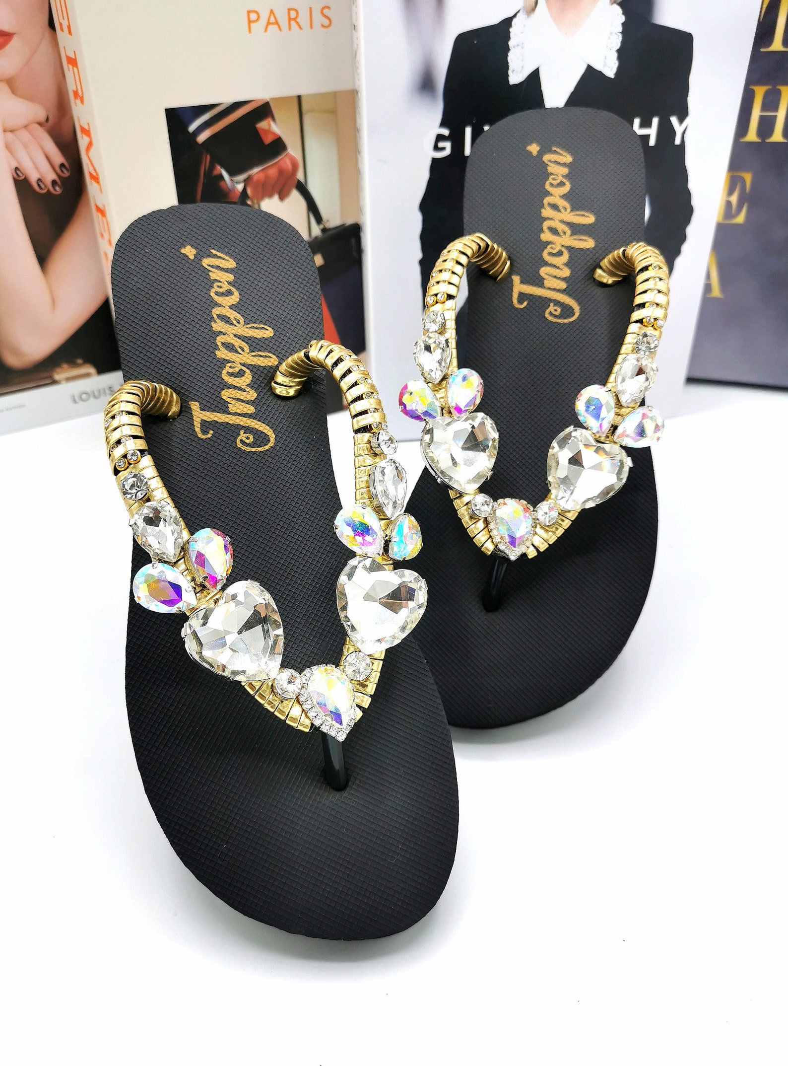 Jeweled Flip Flops, Bling Flip Flops, Black Sandals for Woman, Wedding ...