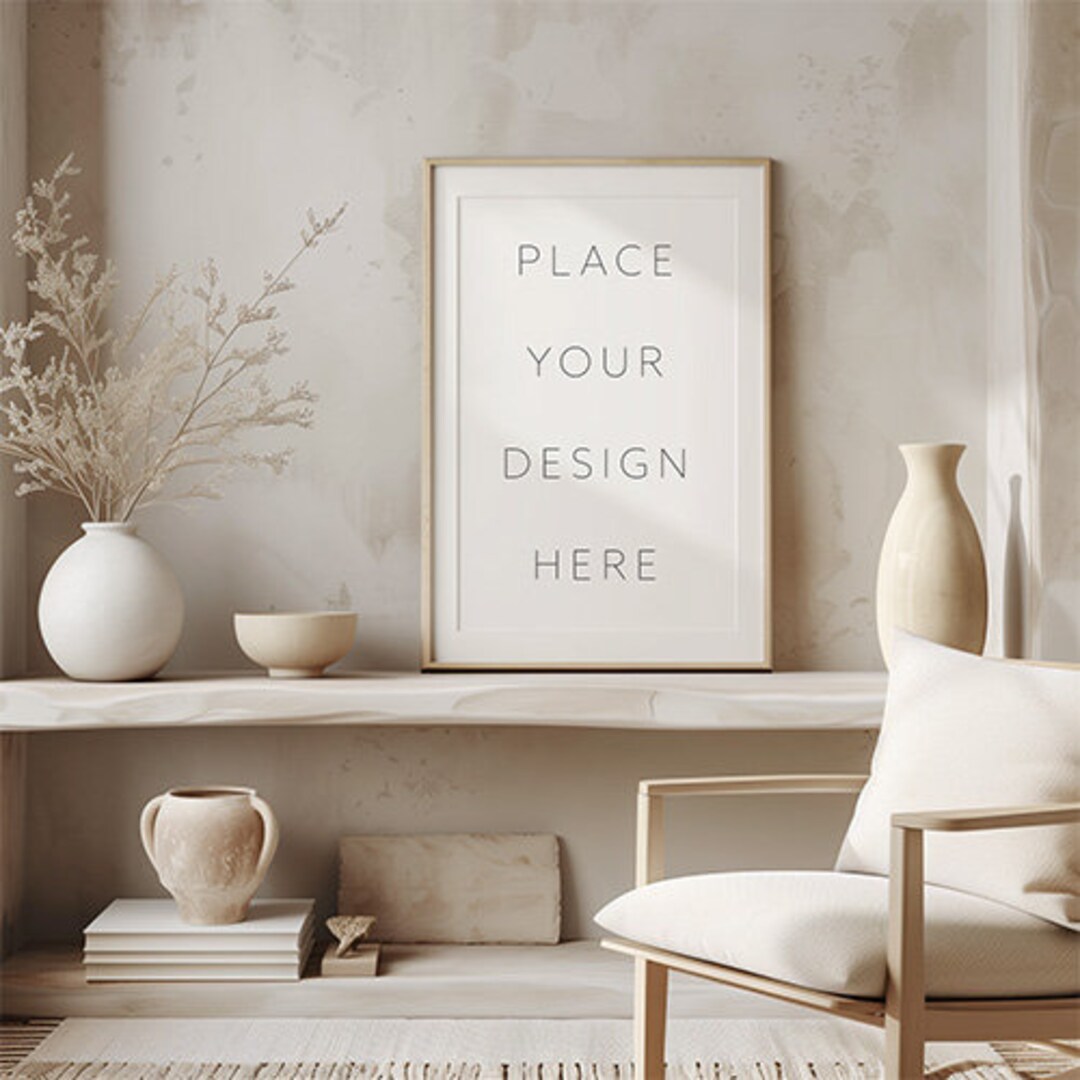 Vertical Wooden Frame With Passepartout Mockup PSD in Clean Living Room ...