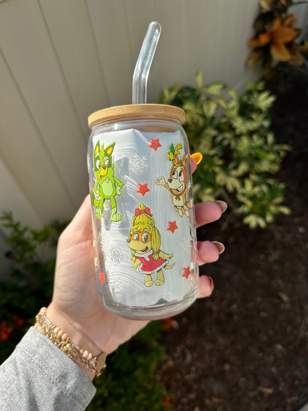 Christmas Bluey Bingo 16oz Glass Cup With Bambo Lid Uv - Etsy