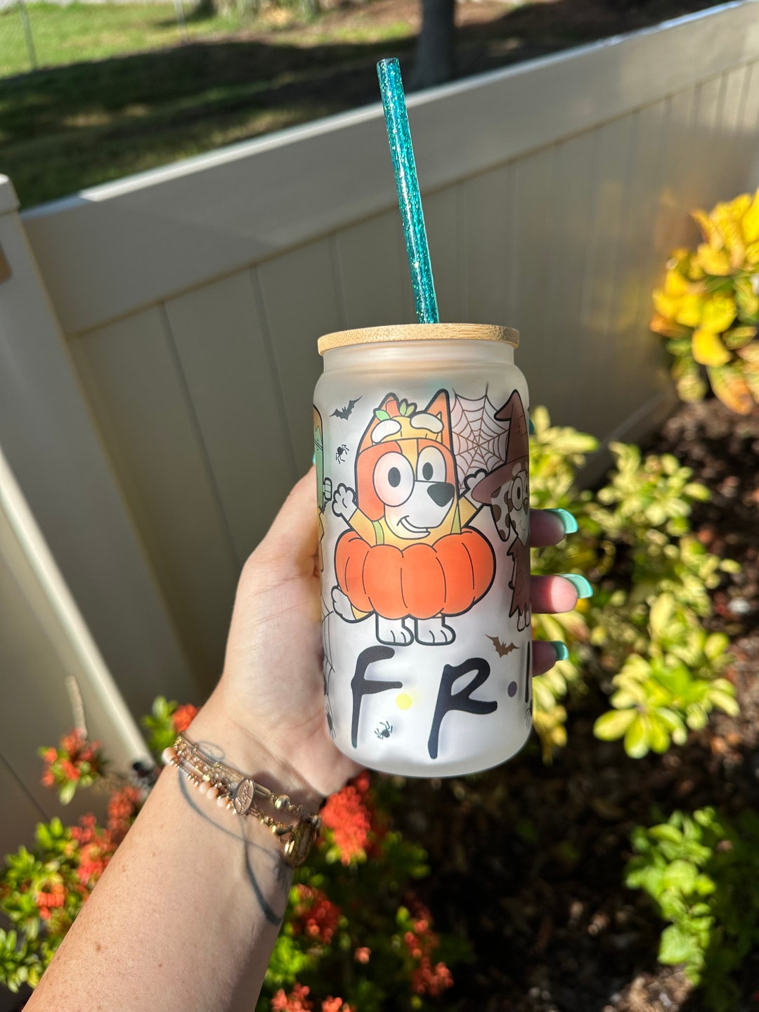 Bluey Dog and Friends, Coffee , Fall, Frosted Libbey, 16oz Glass Cup ...