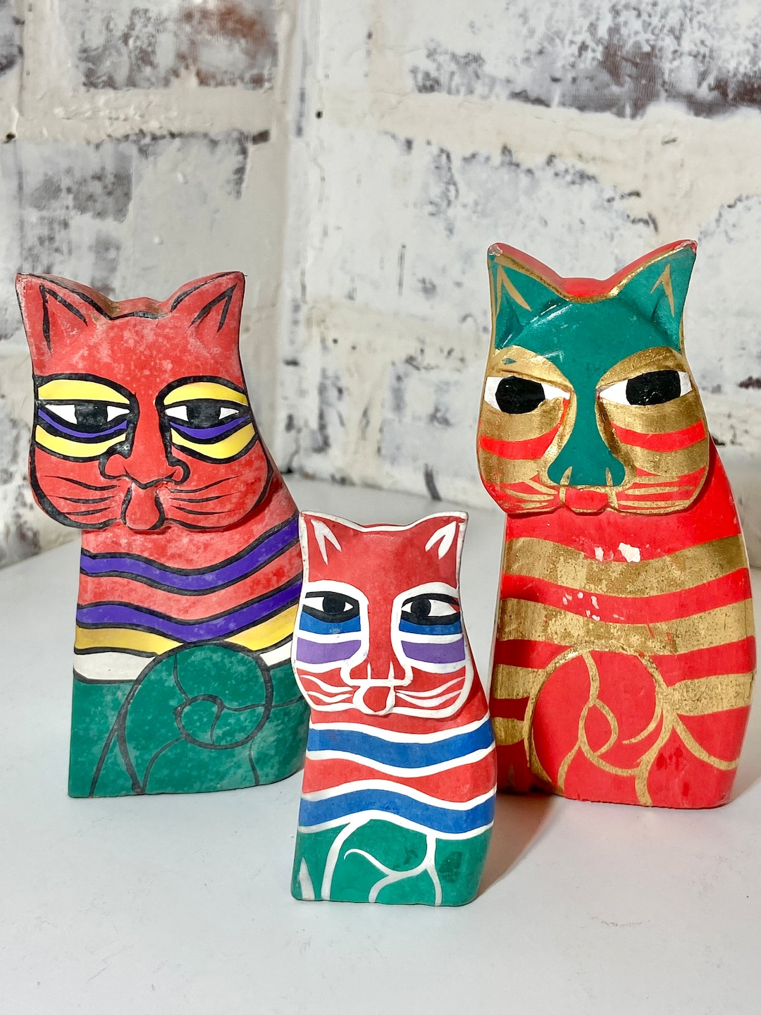 Vintage Laurel Burch,carved Wood,3 Hand Painted Cat Figurines,laurel ...
