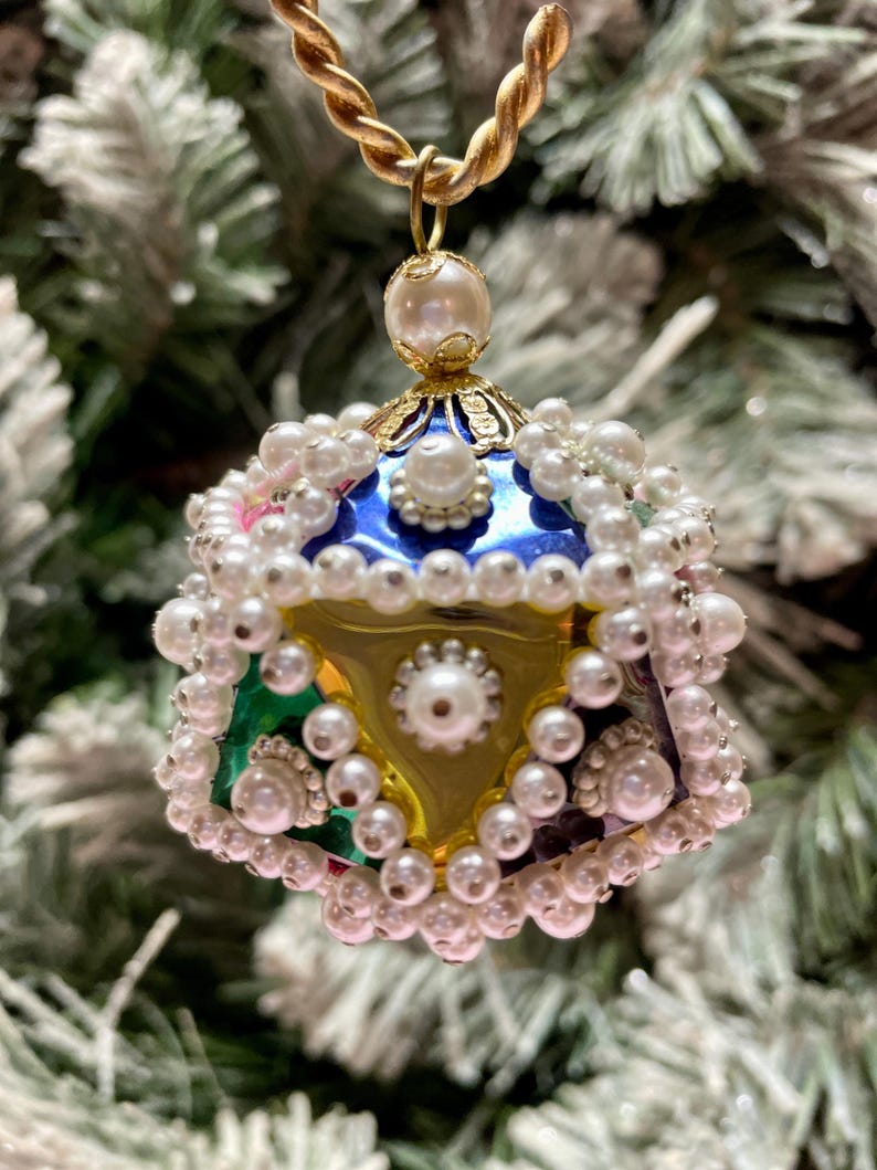 3 Vintage Hand Made Beaded Christmas Ornaments Pearls Reflectors Push ...