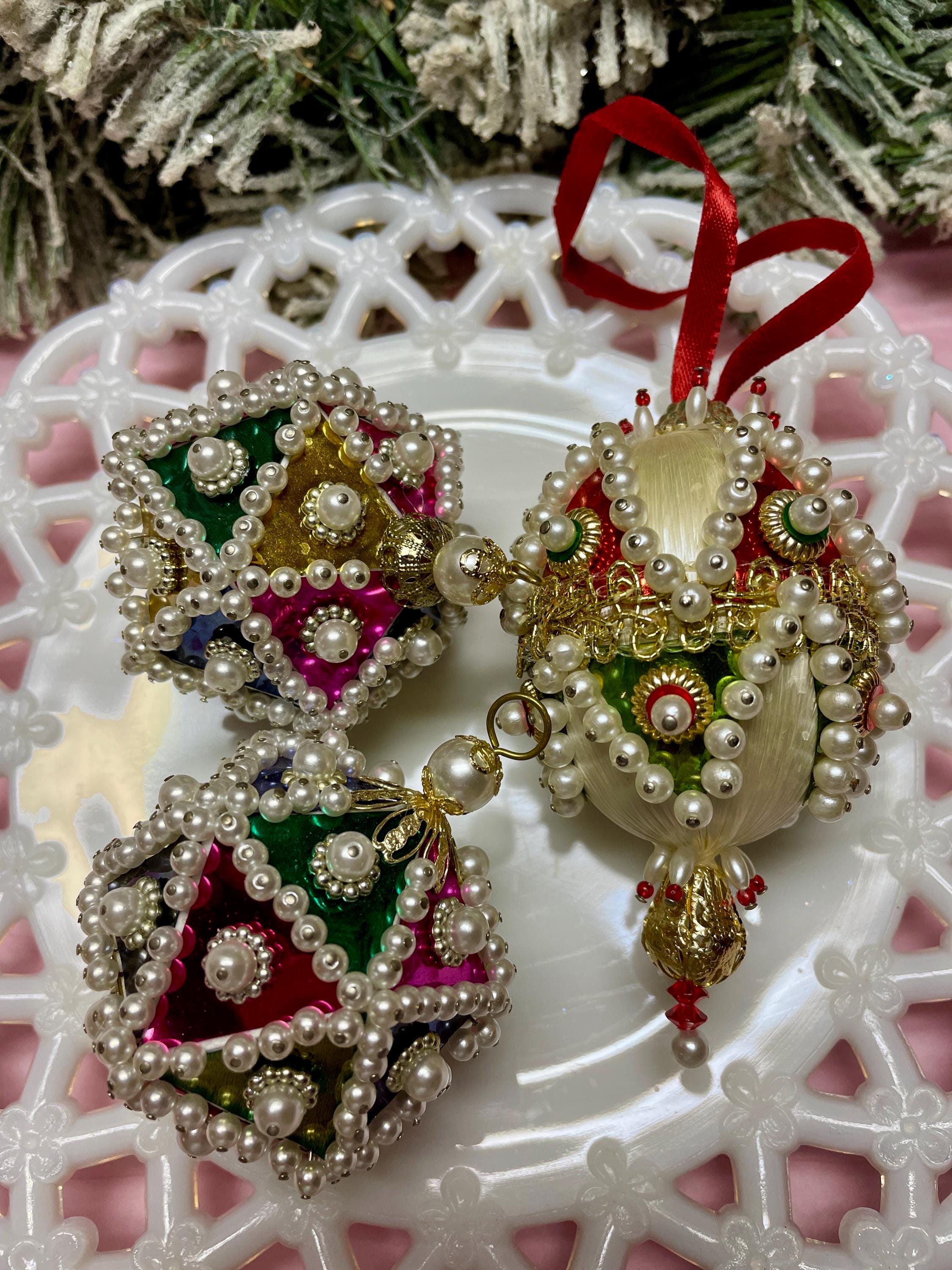 3 Vintage Hand Made Beaded Christmas Ornaments Pearls Reflectors Push ...