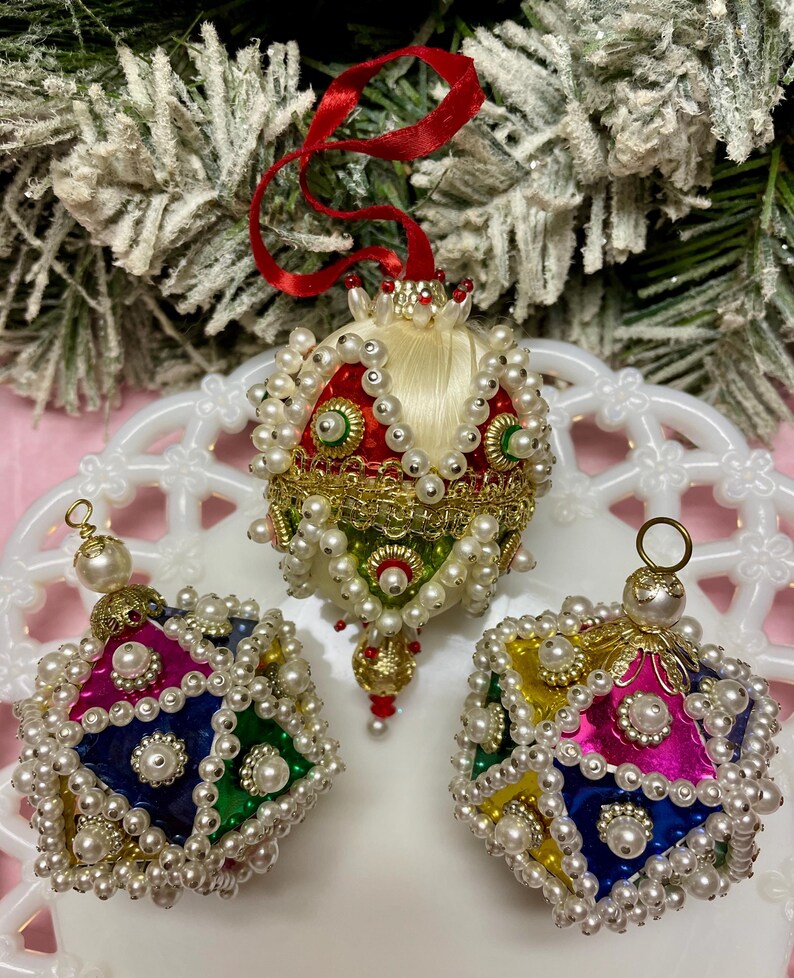3 Vintage Hand Made Beaded Christmas Ornaments Pearls Reflectors Push ...