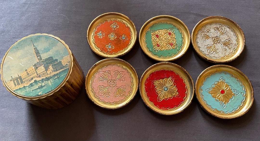 Florentine Vintage Coasters Set of 6 With Holder Toleware Made in Italy ...