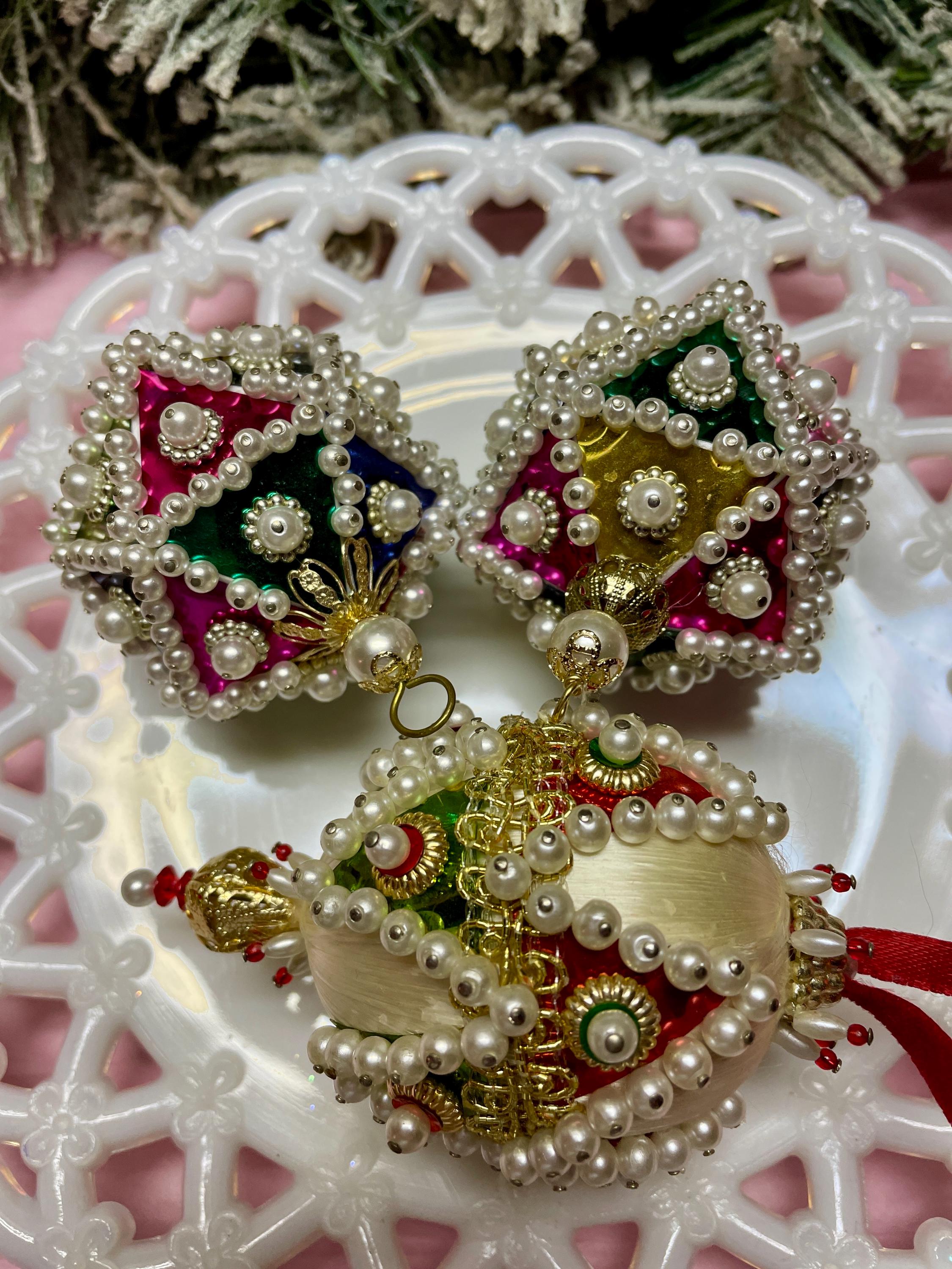 3 Vintage Hand Made Beaded Christmas Ornaments Pearls Reflectors Push ...