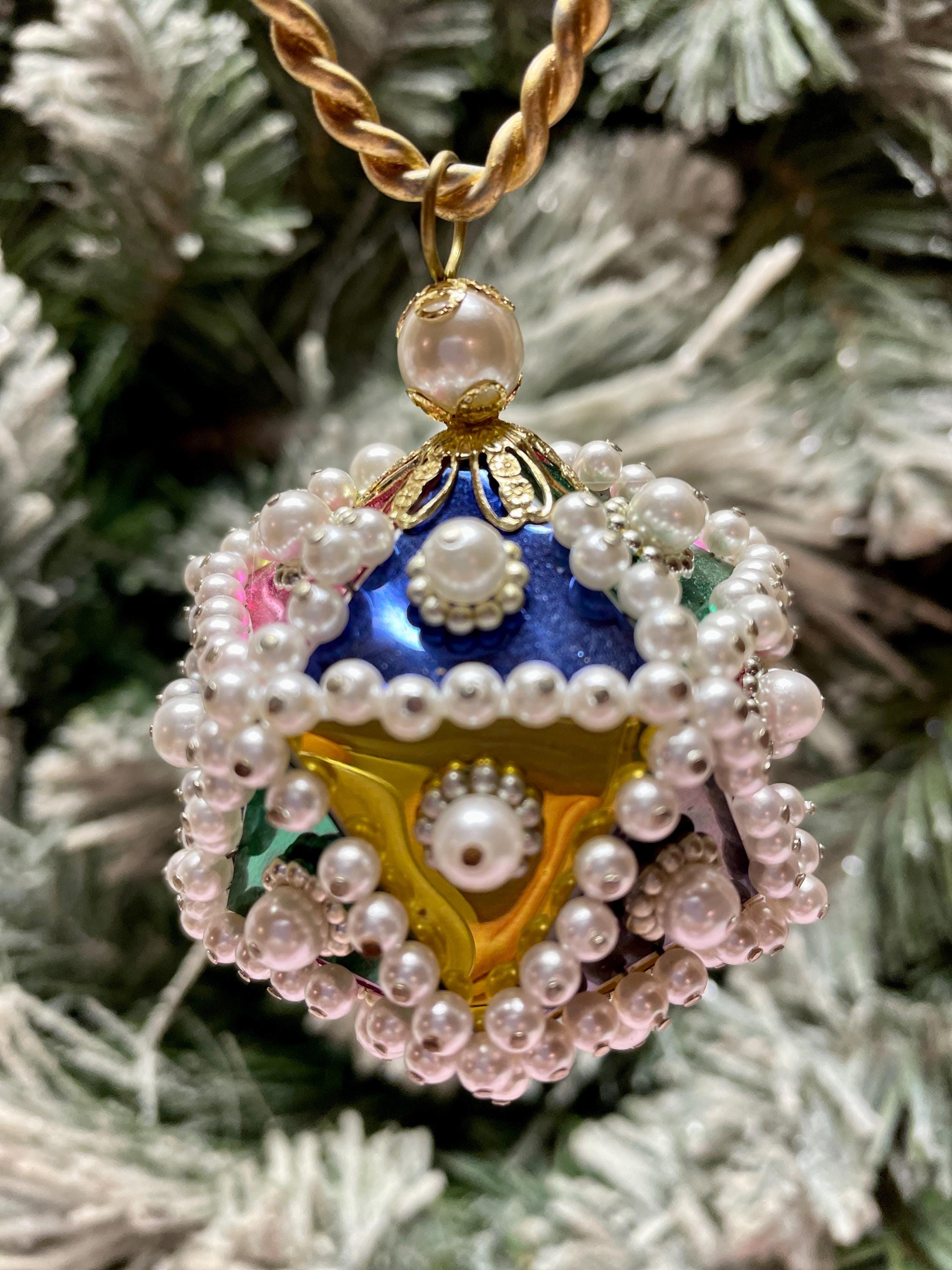 3 Vintage Hand Made Beaded Christmas Ornaments Pearls Reflectors Push ...