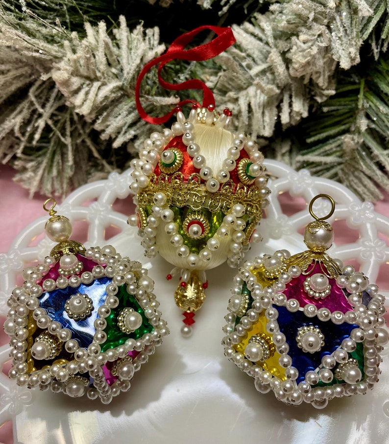 3 Vintage Hand Made Beaded Christmas Ornaments Pearls Reflectors Push ...