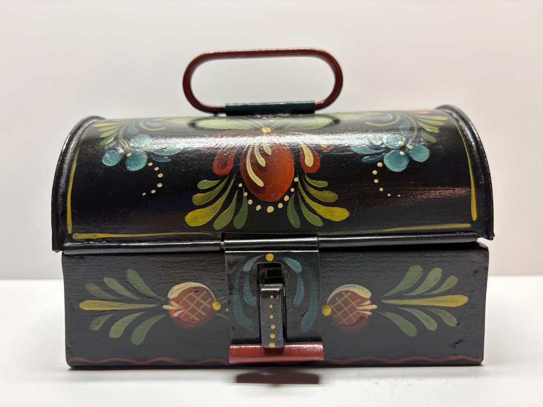 Vintage Black Tole Hand Painted Box Metal Dome Chest Small 5 1/2" - Etsy