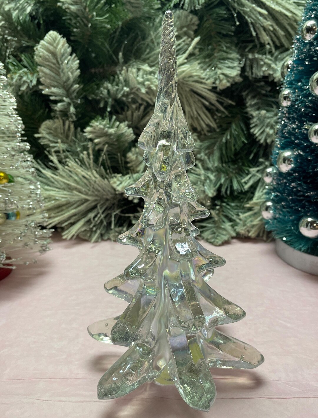 Vintage Solid Clear Iridescent Art Glass Christmas Tree Swirl Top 9 ...