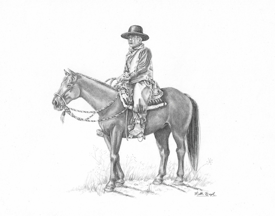 Cowboy on Horse Pencil Drawing - Etsy