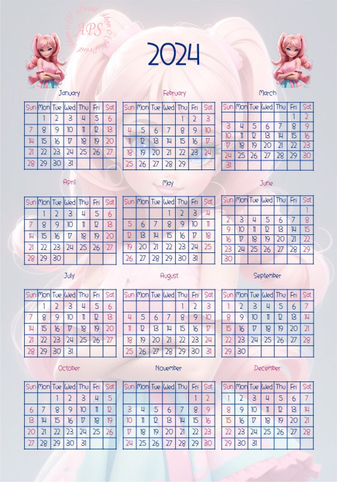 2024 Calendar, Barbie Calendar, Cute Girl Calendar, Cartoon Calendar ...