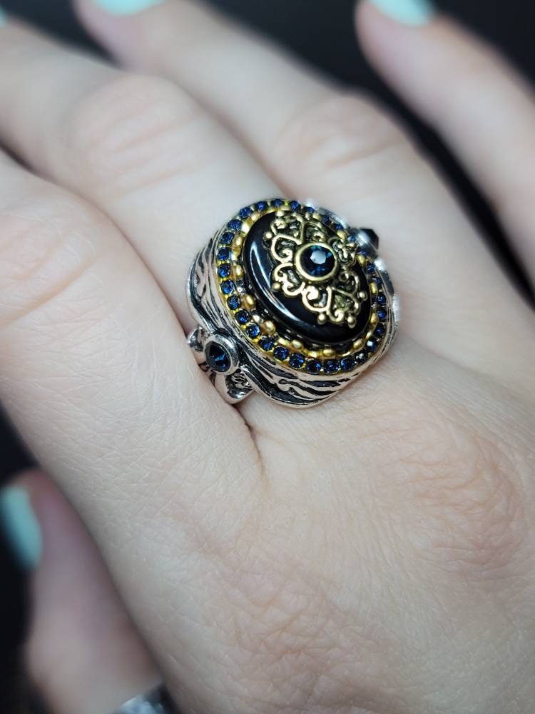 Silver gold blue rhinestone ring size 8 vintage look | Etsy