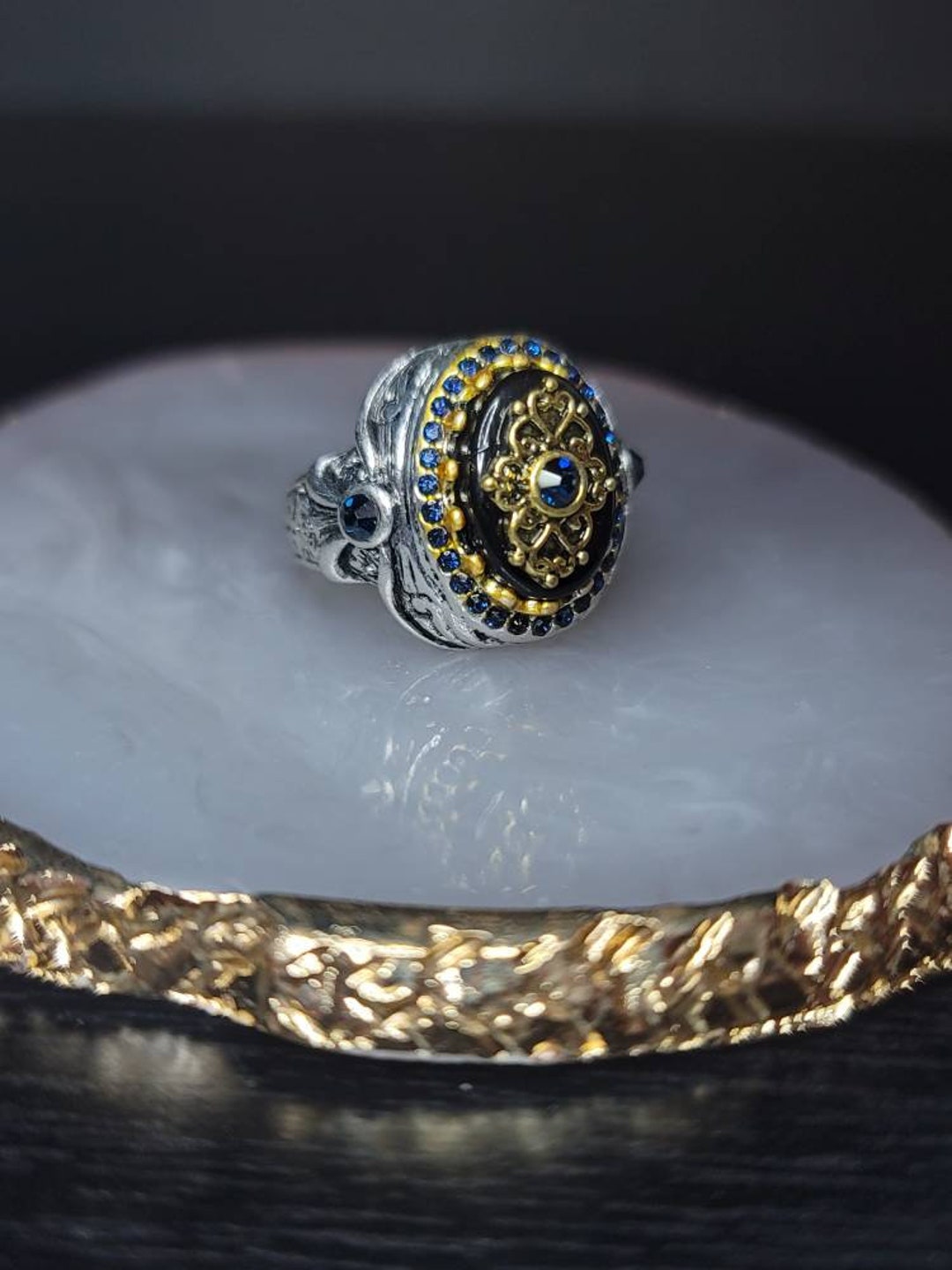 Silver Gold Blue Rhinestone Ring Size 8 Vintage Look - Etsy