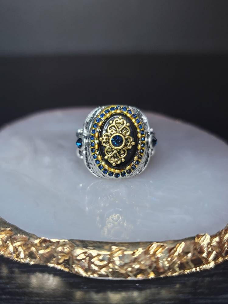 Silver gold blue rhinestone ring size 8 vintage look | Etsy