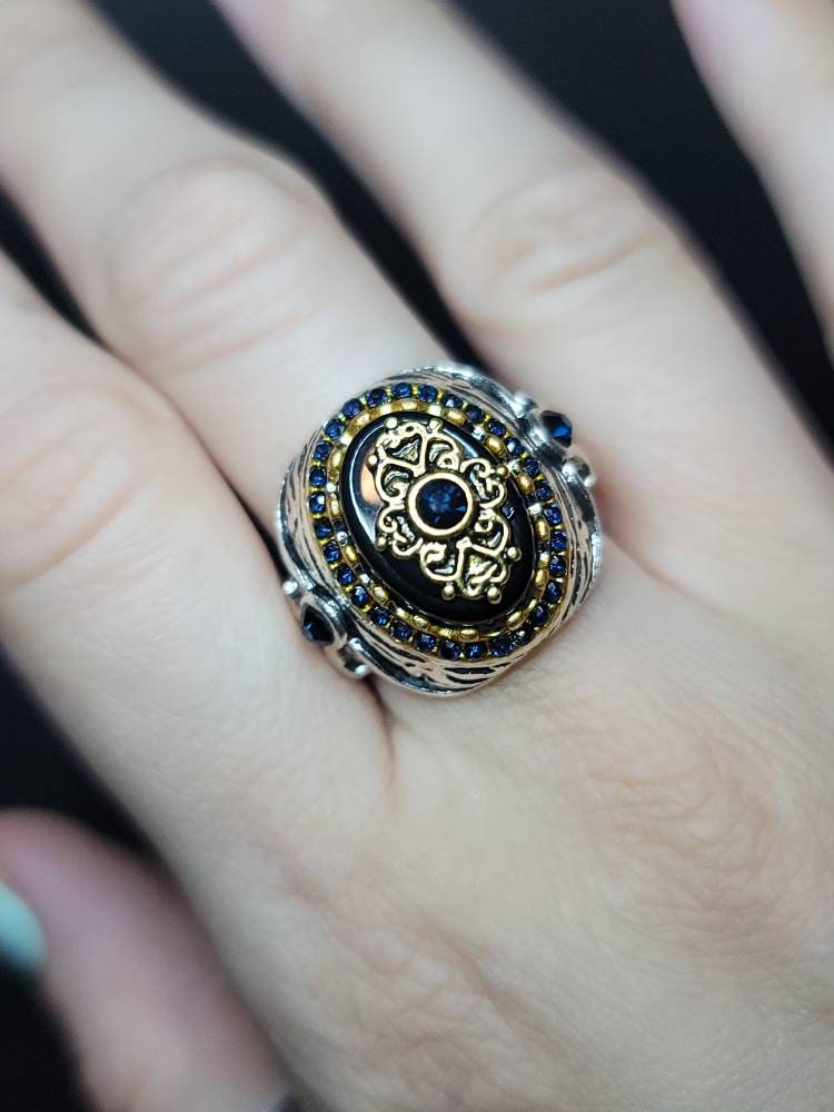 Silver gold blue rhinestone ring size 8 vintage look | Etsy