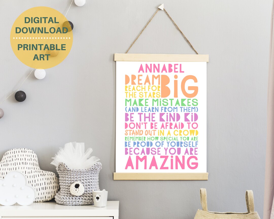 Dream Big Personalized Poster, PRINTABLE Girls Wall Art, Pastel Teen ...