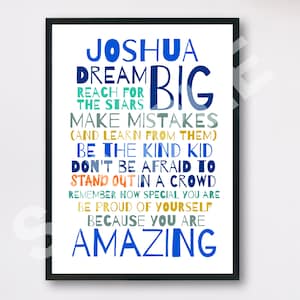 PRINTABLE Dream Big Personalized Poster, Customized Boys Wall Art, Teen ...