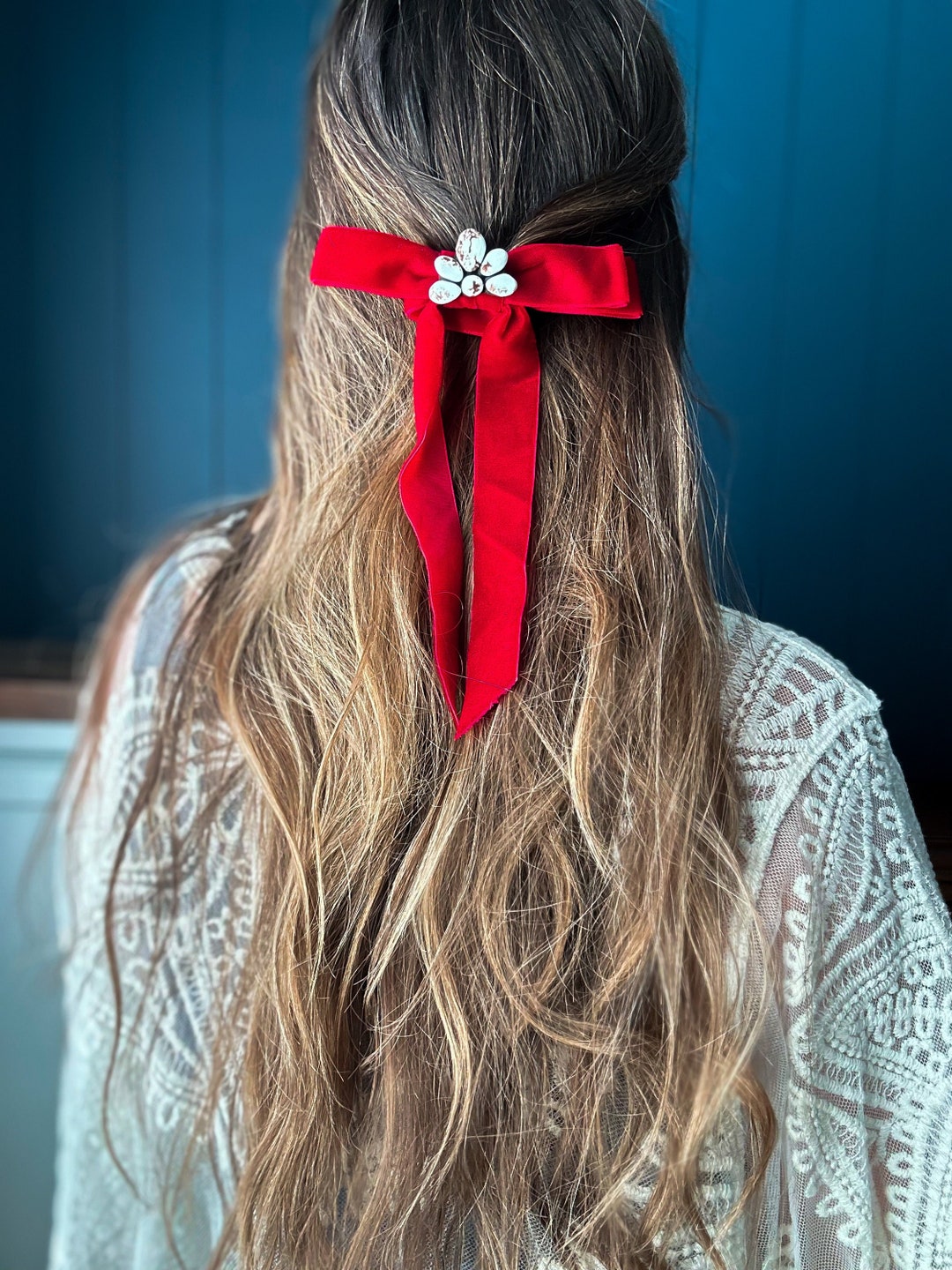 Bisbee Bow Clip Red and Blue | Velvet Hair Bow Clip, Western Style Bow ...