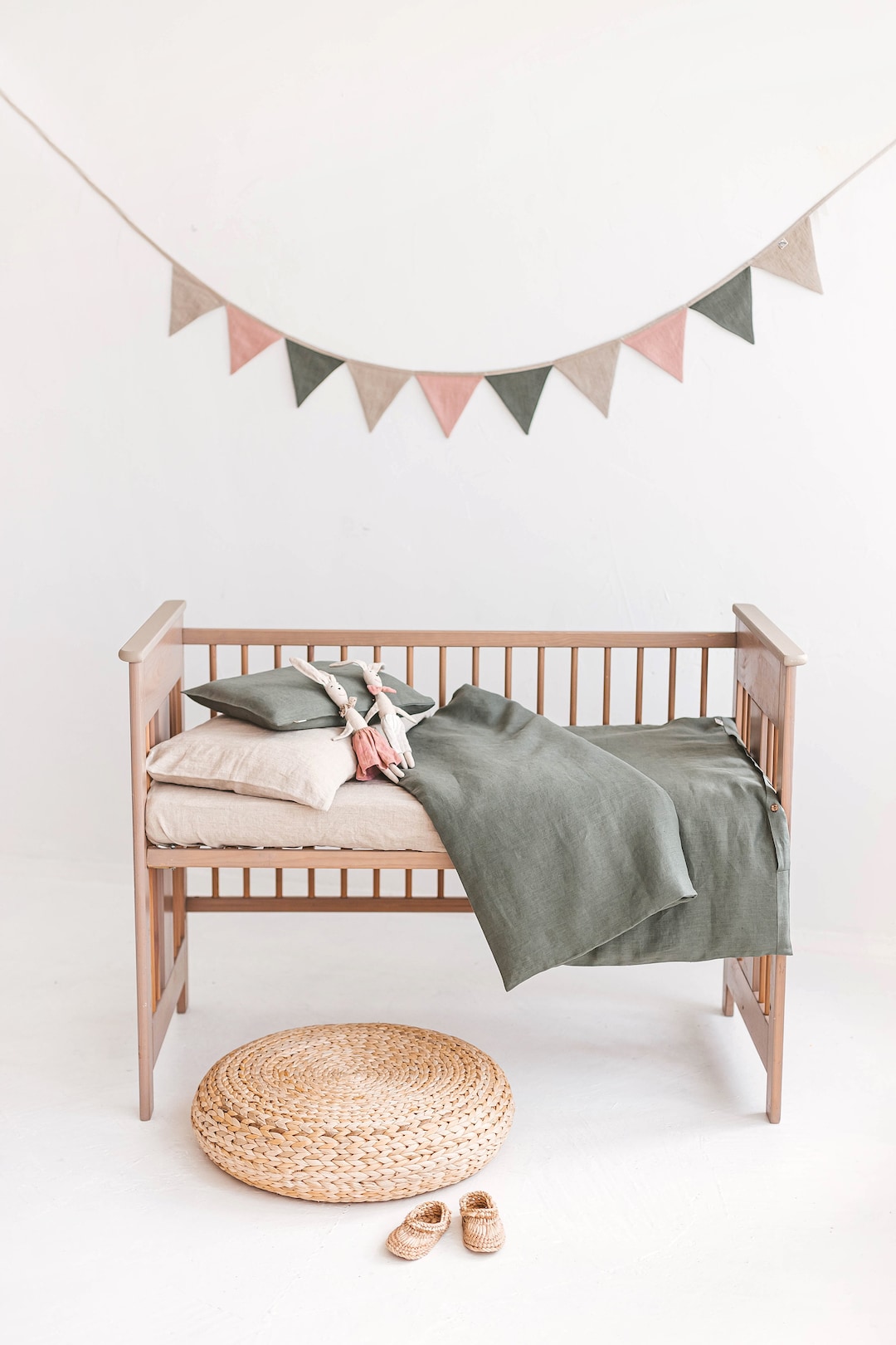 Neutral Linen Bedding for Baby Toddler, Eucalyptus Green Bedding for ...