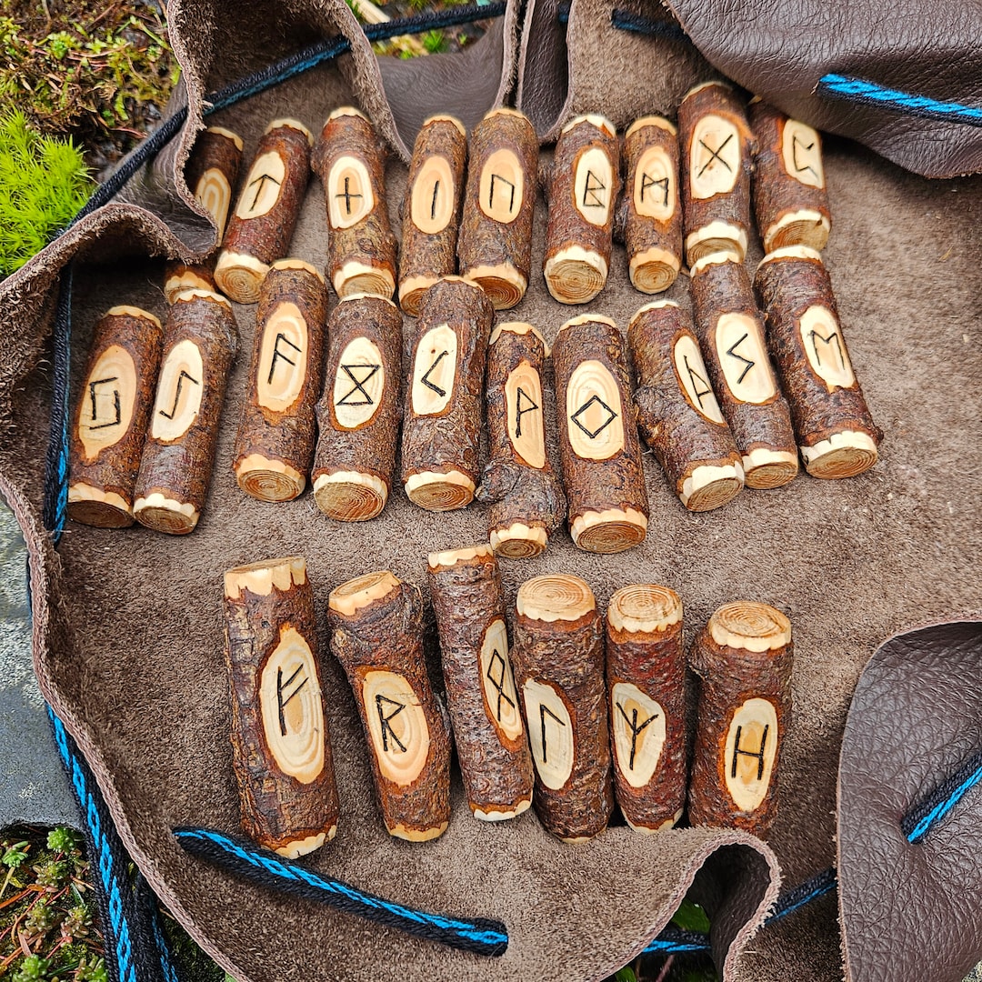 Wood Stick Viking Runes Elder Futhark With Leather Pouch Handmade ...