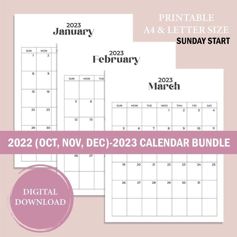 2022 2023 Calendar Printable Calendar Portrait Monthly - Etsy