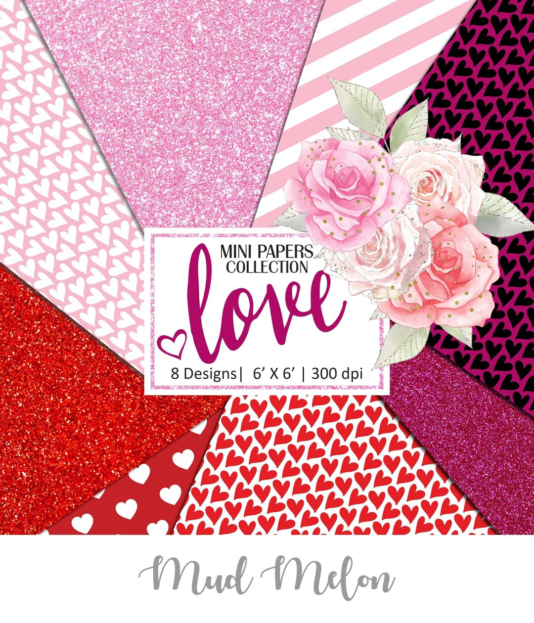 Pink & Red Glitter Hearts Digital Paper: Valentine's Background (JPG ...