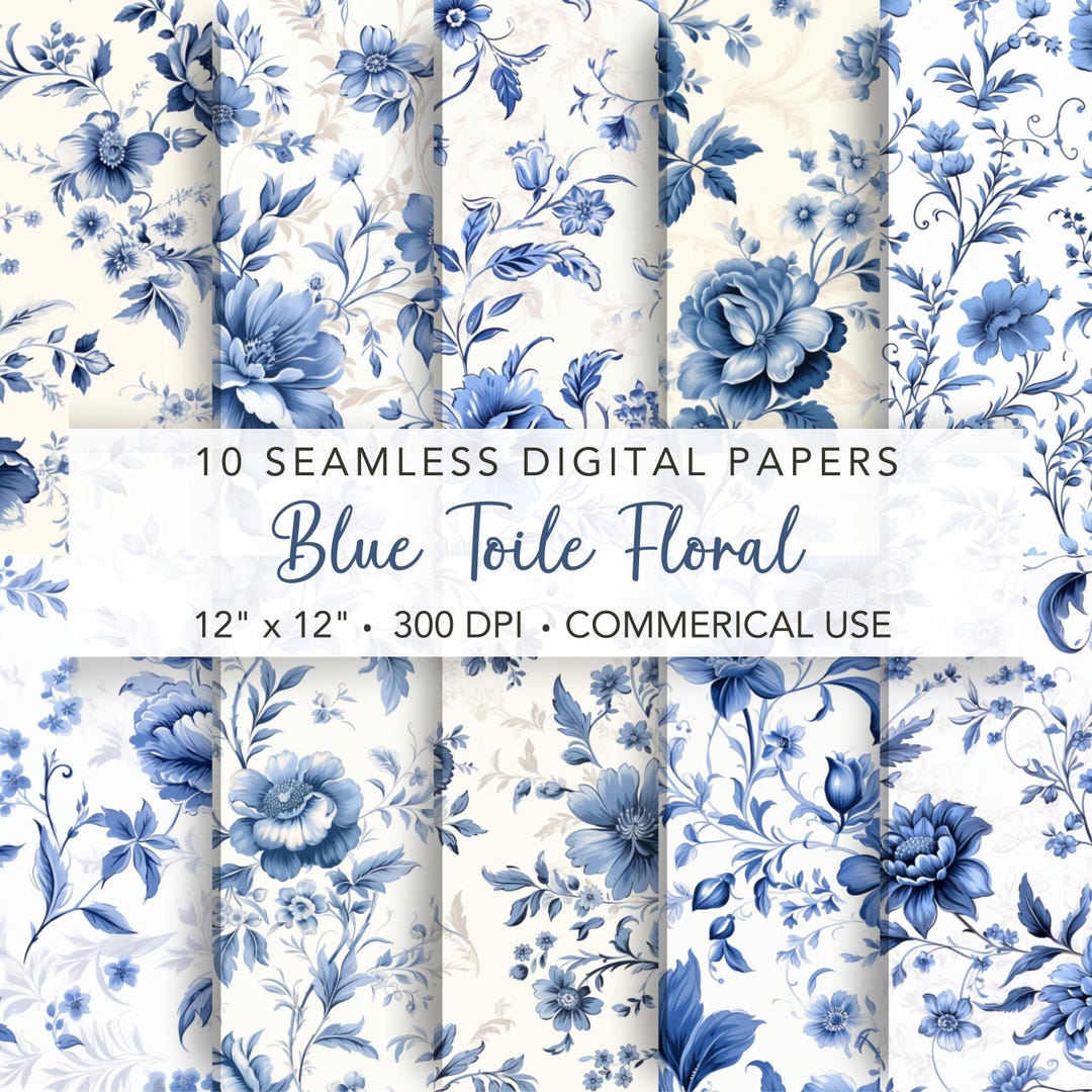 Blue Toile Digital Paper Pack: Seamless French Floral Patterns (12x12 ...