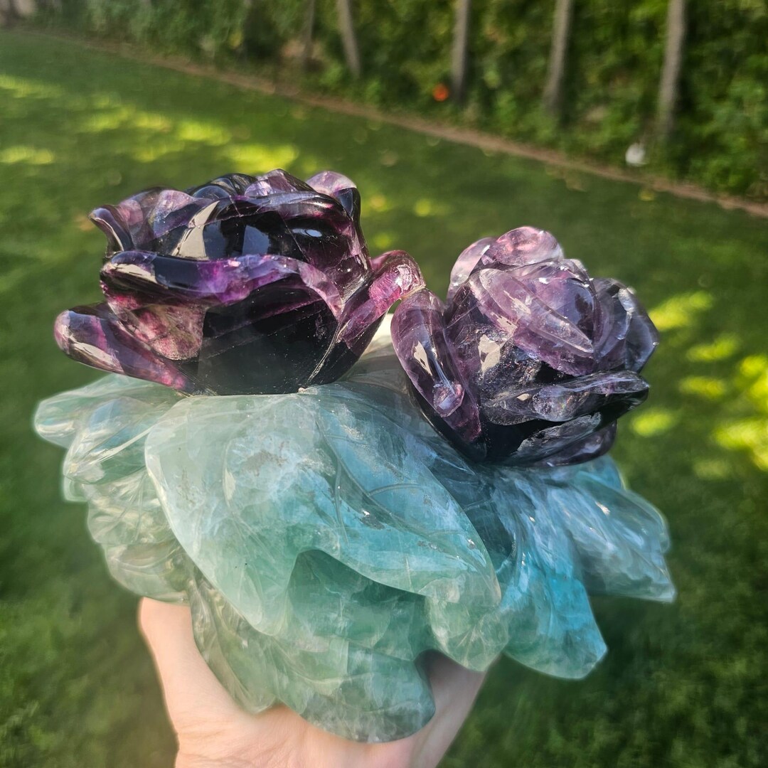 Fluorite Rose Crystal Sculpture – Hand Carved Purple & Green Fluorite ...