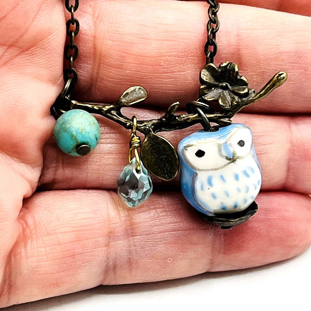 Blue Ceramic Owl Antiqued Bronze Cherry Blossom Branch Pendant Necklace ...