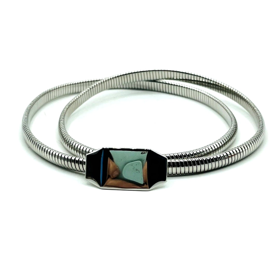 Vintage Silver Tone Omega Snake Chain Stretch Metal Belt With Rectangle ...