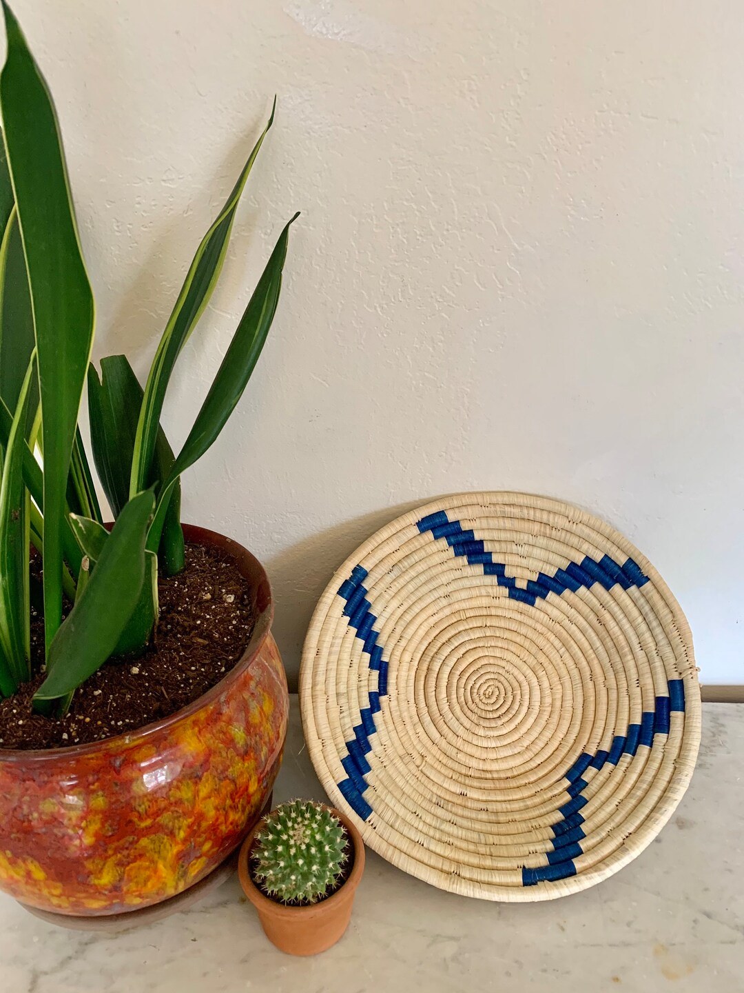 Hand Woven Ugandan Basket, Neutral With Royal Blue Accent, 100% Natural ...