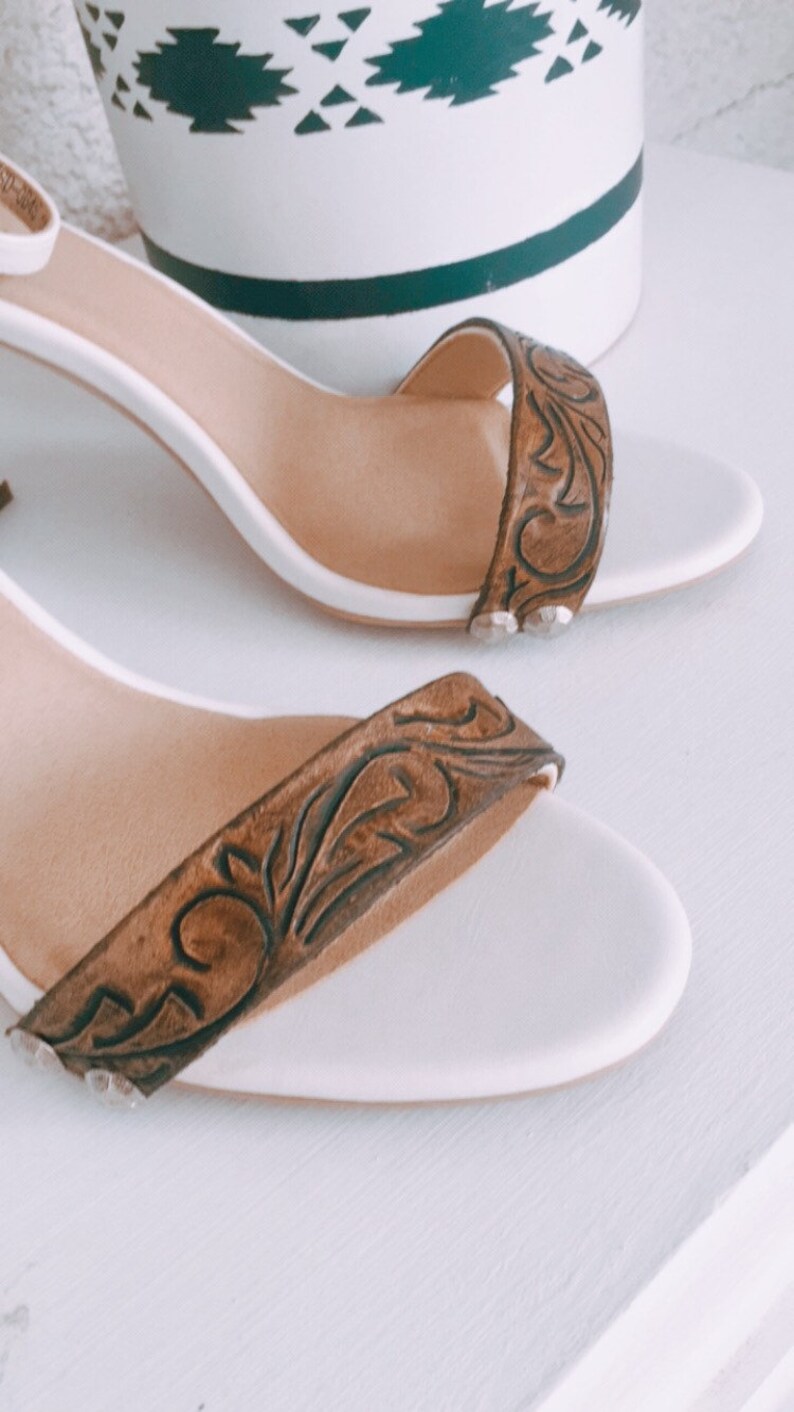 Tooled Leather Strap Western Sandal Heels - Etsy
