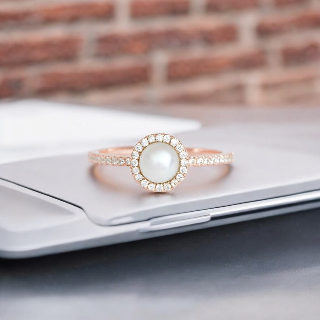 Pearl Engagement Ring, 14k Solid Gold Natural Pearl and Diamond Ring ...