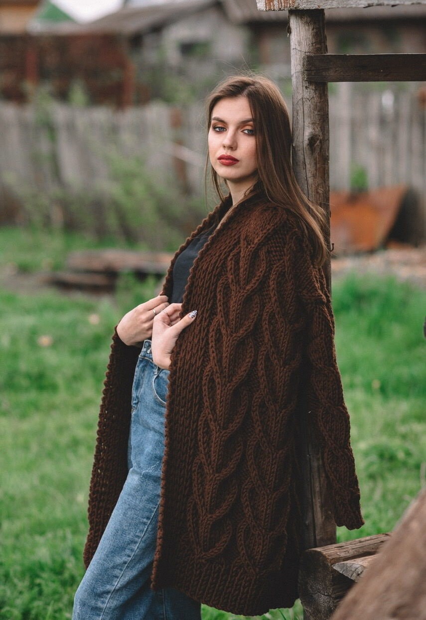 Cardigans: Dark Brown Women's Oversized Knitted Cardigan | Etsy