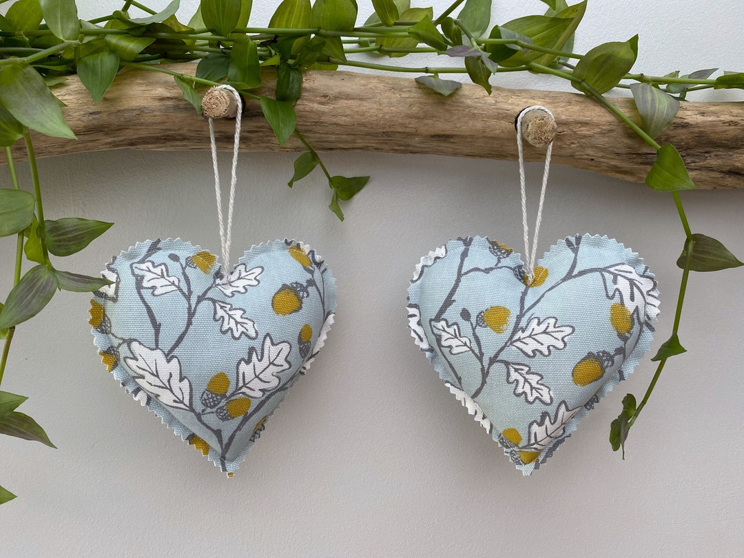 Set of 2 Clarke and Clarke Acorn Duck Egg Blue Mustard Hanging Hearts ...