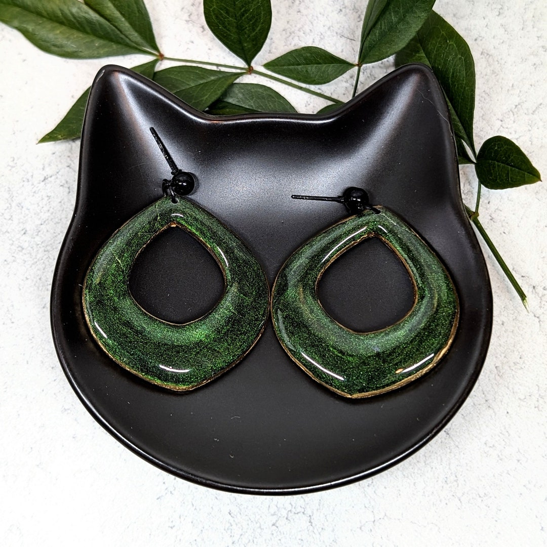 B-grade Metallic Green Drama Dangle Drop Earrings Handmade Polymer Clay ...
