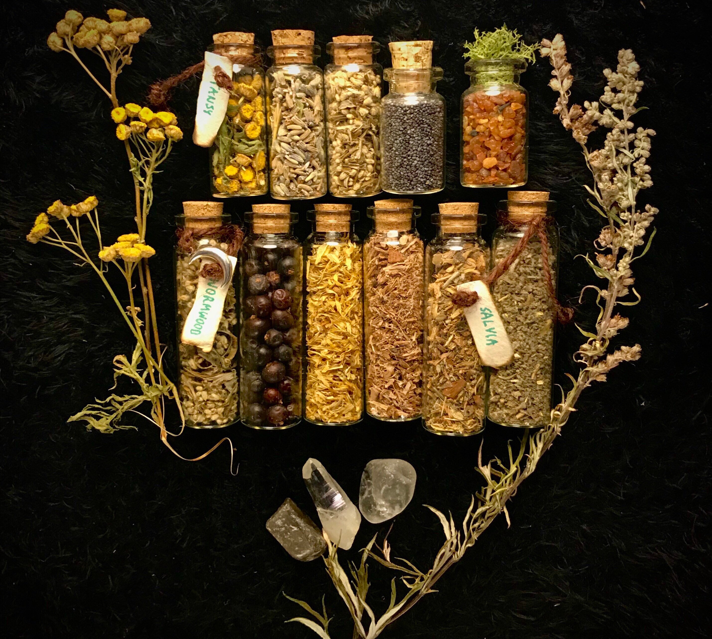 Altar Ritual Herbs and Resins in Rustic Bottles Wormwood, Lavender ...