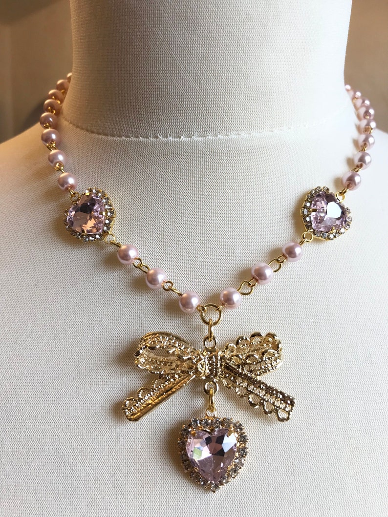 Pink Heart Rosary Pearl Choker Necklace Bead Chain Bow Gold Renaissance ...