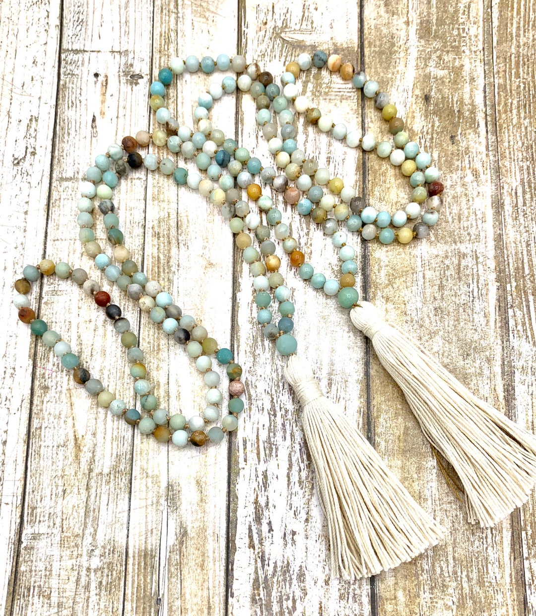 CALMING Mala, 108 Amazonite knotted Meditation Mala with Cotton Tassel ...