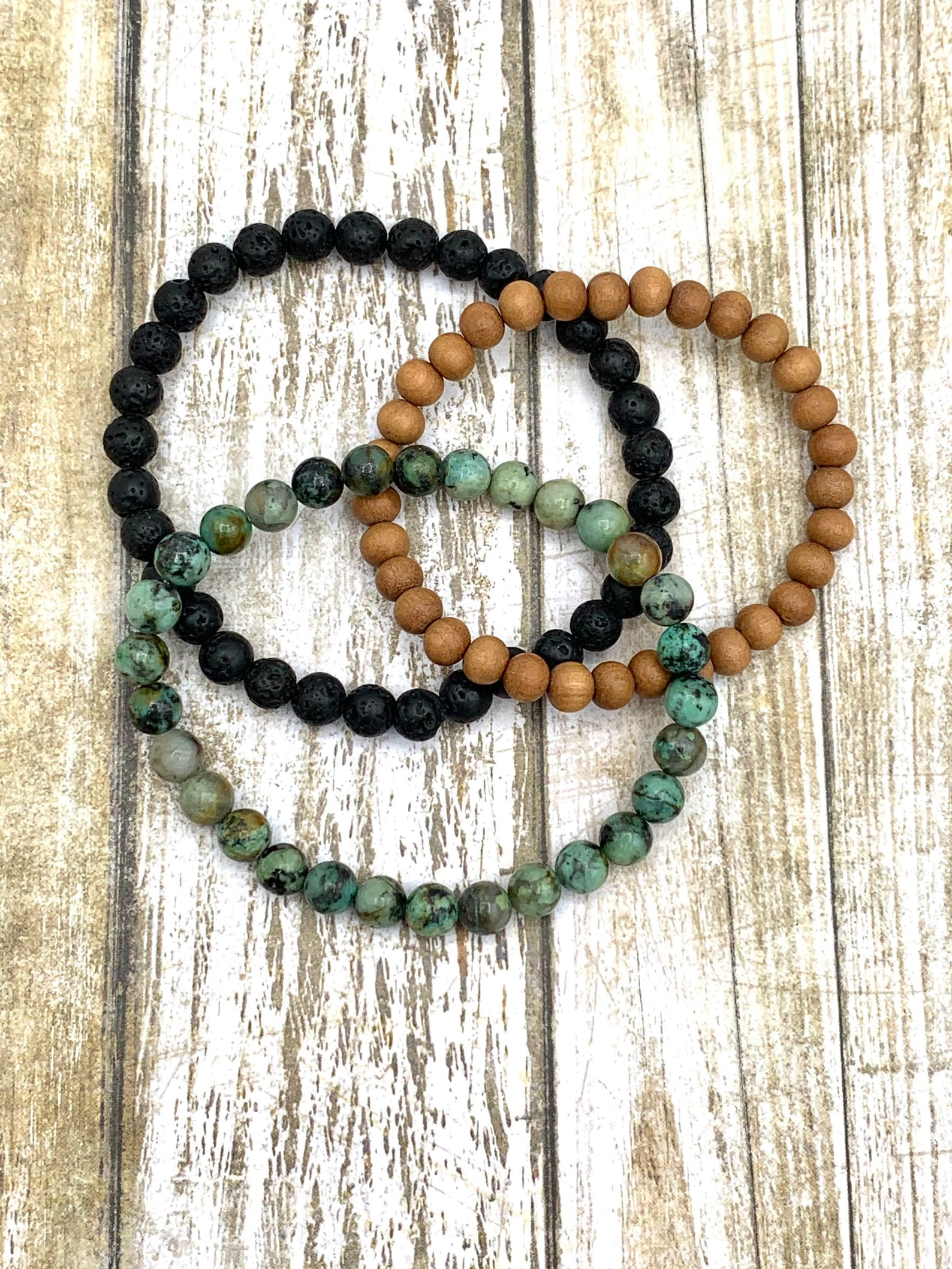 Set of 3, POSITIVE GROWTH Bracelet, Sandalwood, African Turquoise, Lava ...